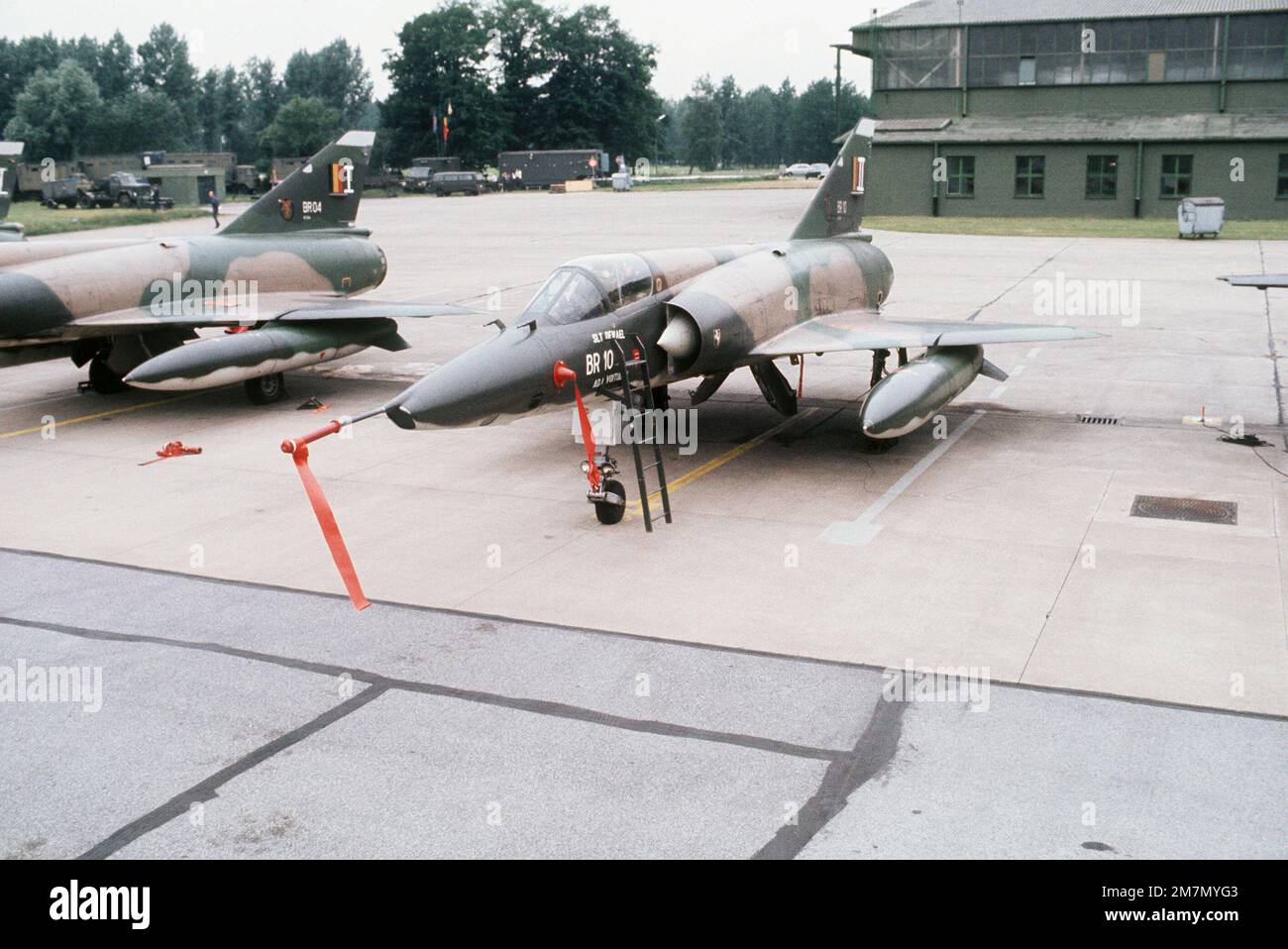A left front view of a Belgian Mirage aircraft parked on the flight ...