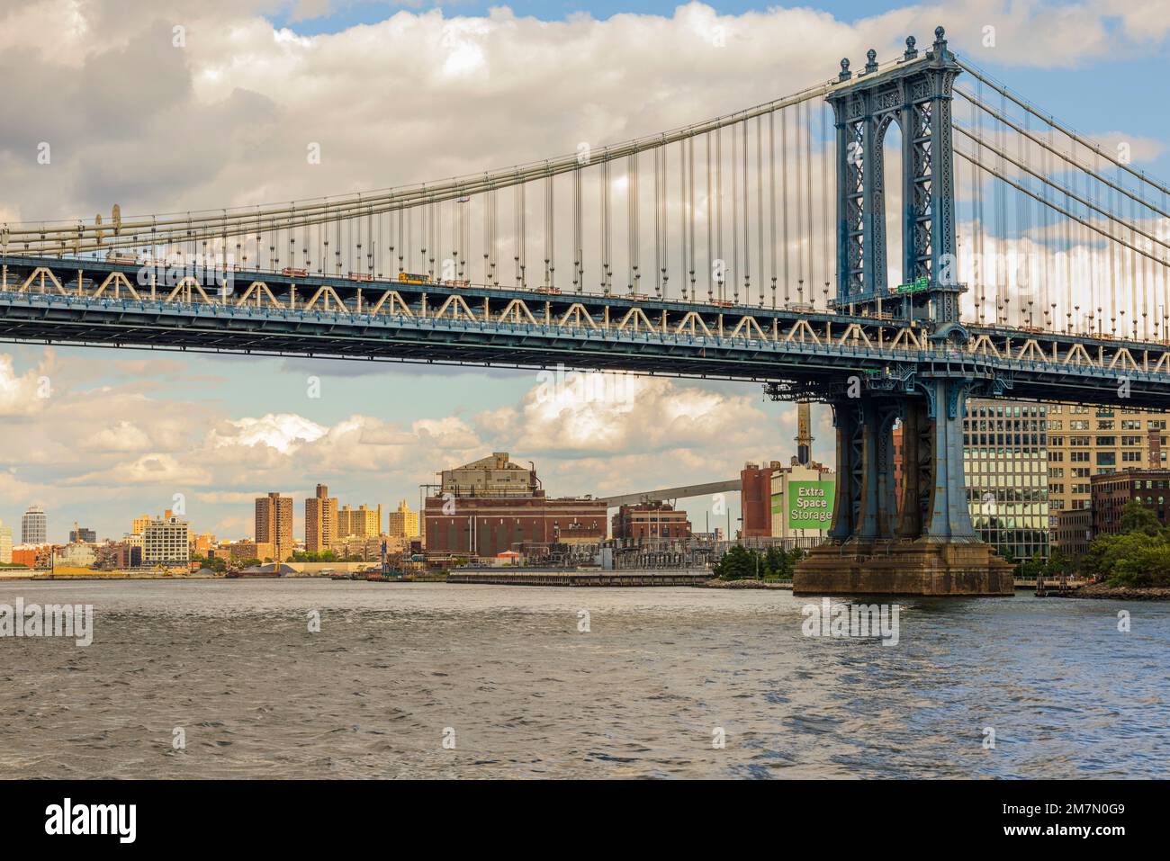 View of Brooklyn bridge over Hudson river and skyscrapers of Manhattan. USA. New York Stock ...