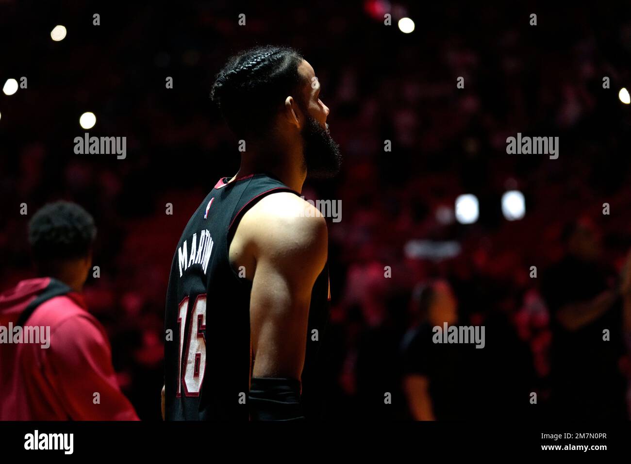 Miami Heat forward Caleb Martin (16) stands on the court before an NBA ...