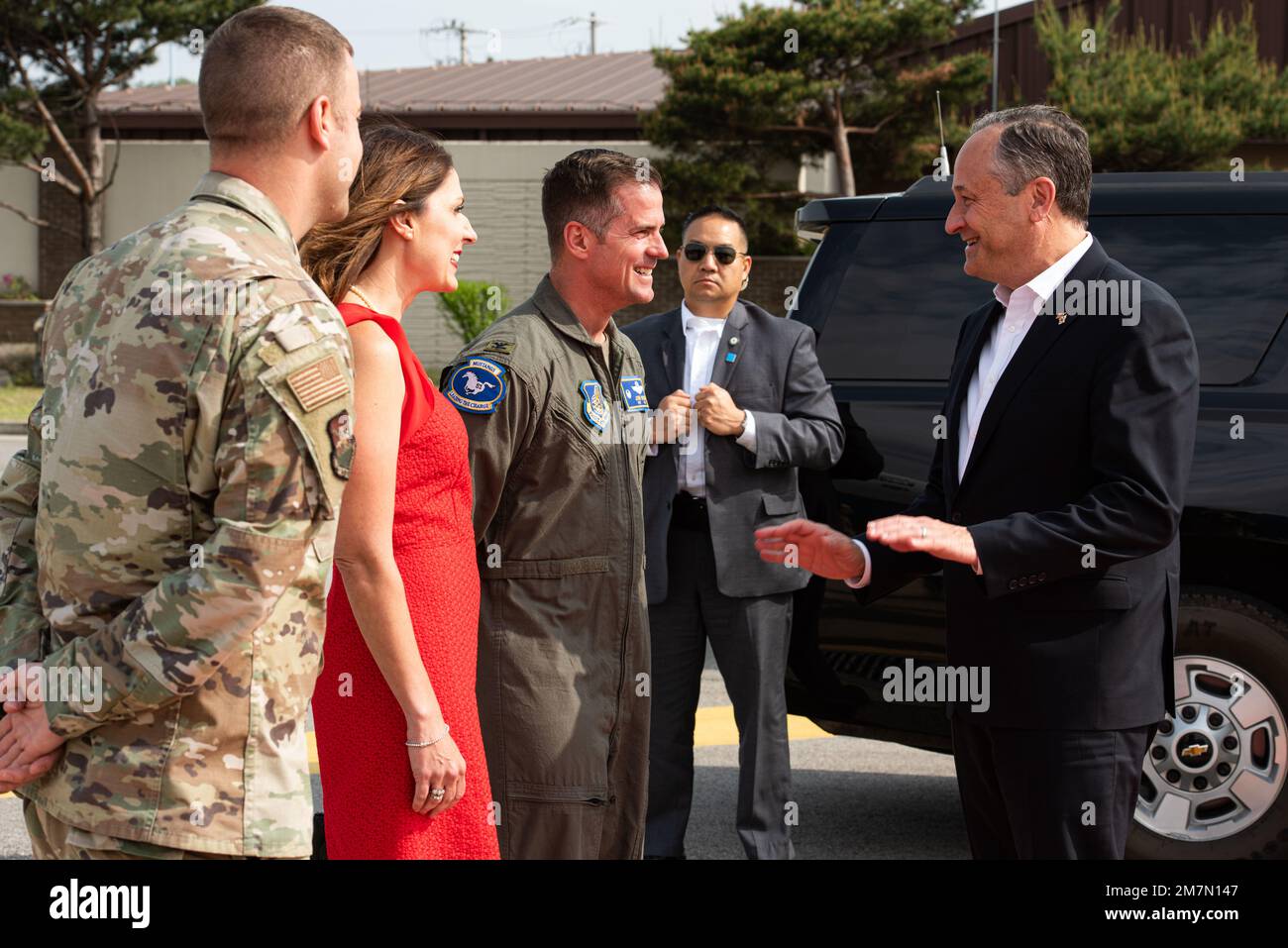Col. Joshua Wood, 51st Fighter Wing commander, greets Second Gentleman ...