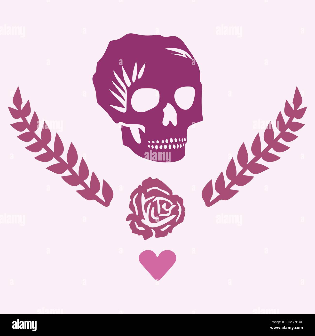 Floral skull tattoo low brow illustration. Vector gothic skeleton ink ...