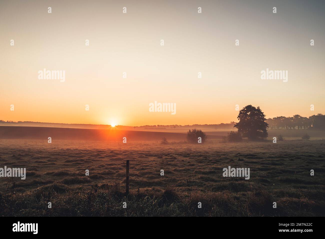Atmospheric sunrise in the district of Kassel, ground fog, view over ...