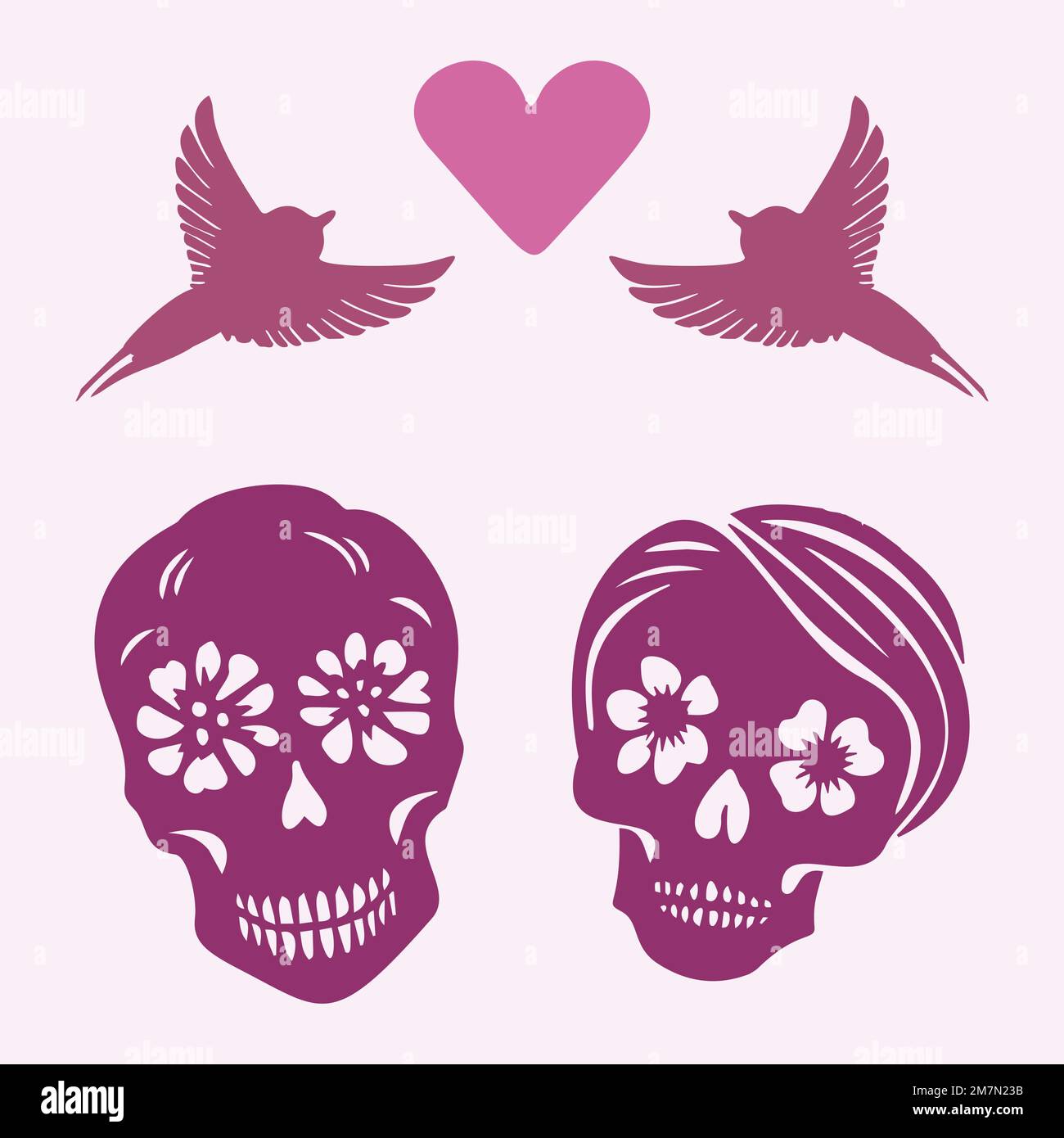 Gothic valentines day skull vector illustration in viva magenta. Tattoo ...
