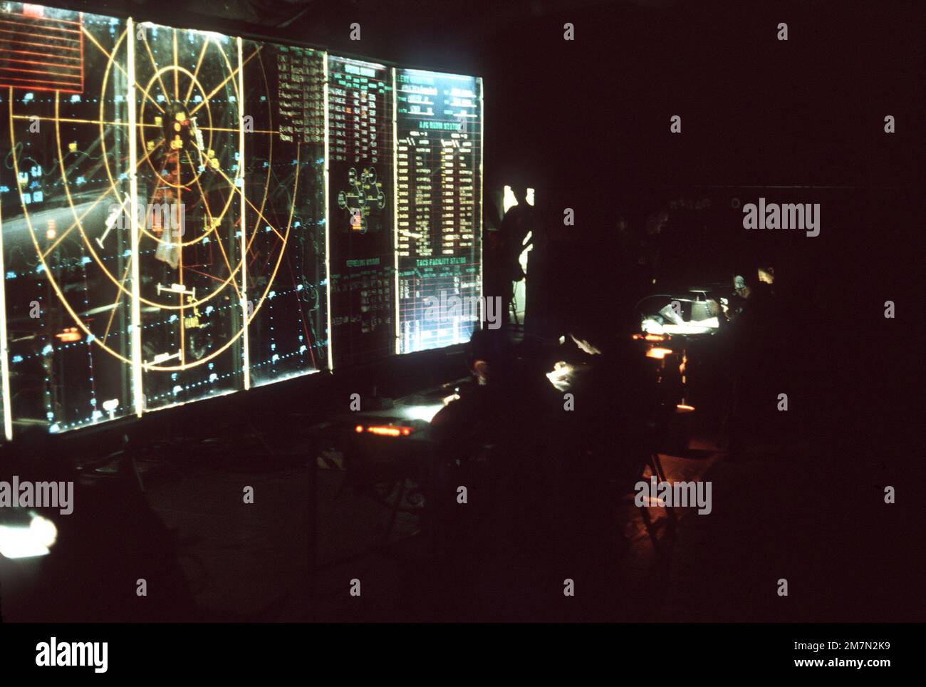 Technicians monitor an illuminated tracking board inside the Combat ...