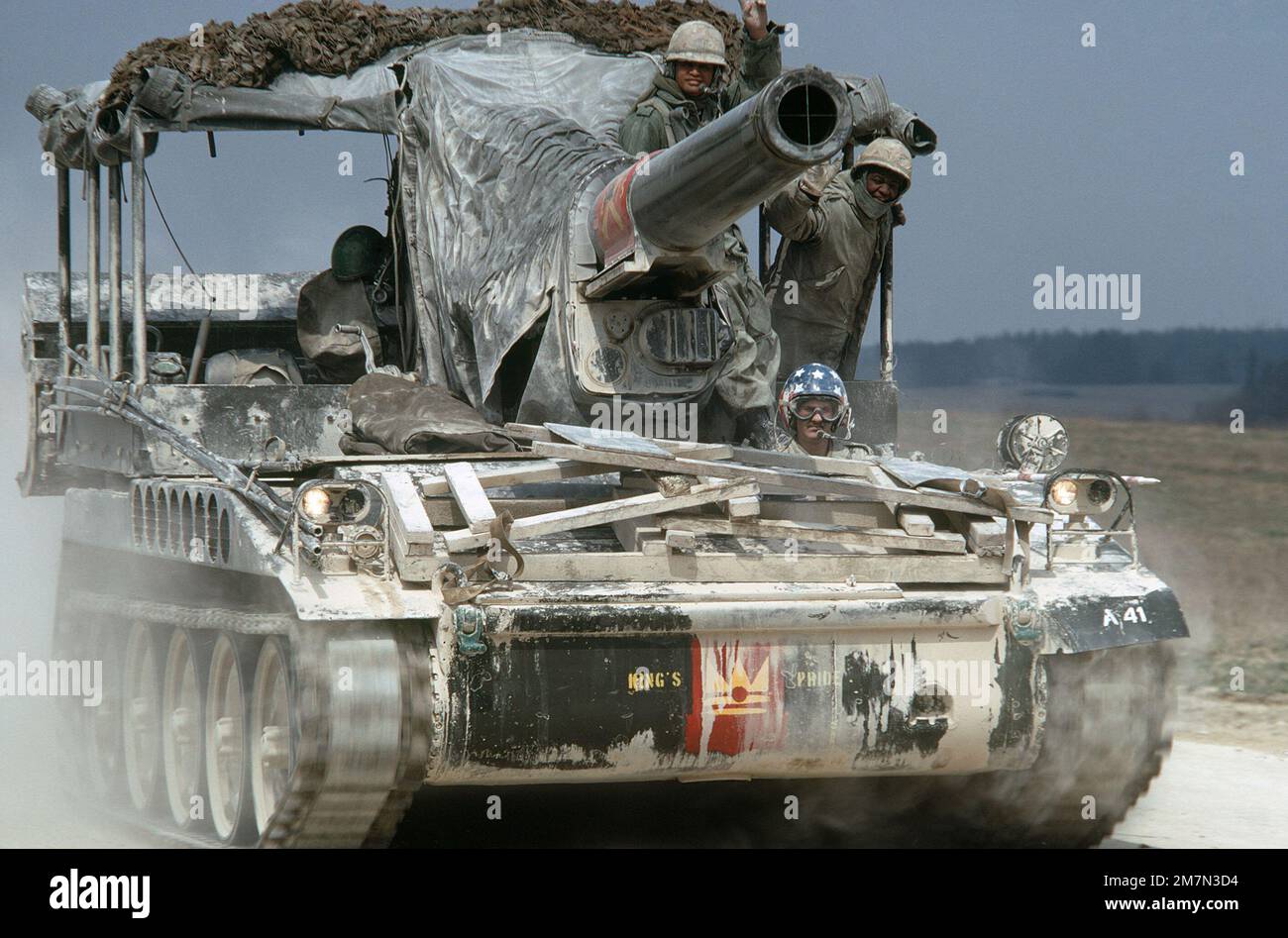 A right front view of an M110 203 mm self-propelled howitzer underway ...