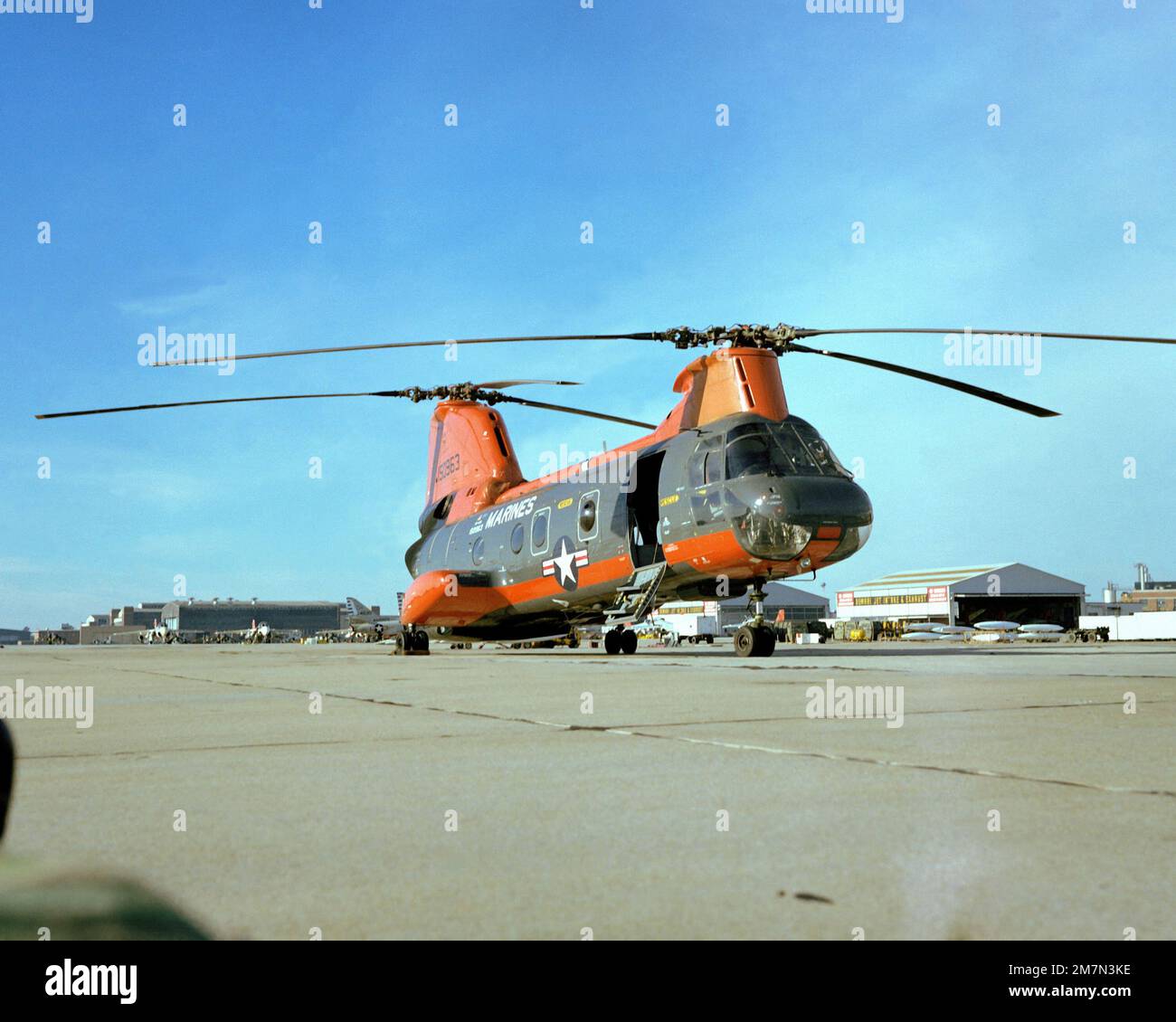Right front view of a Marine HH-46 Sea Knight helicopter sitting on a ...