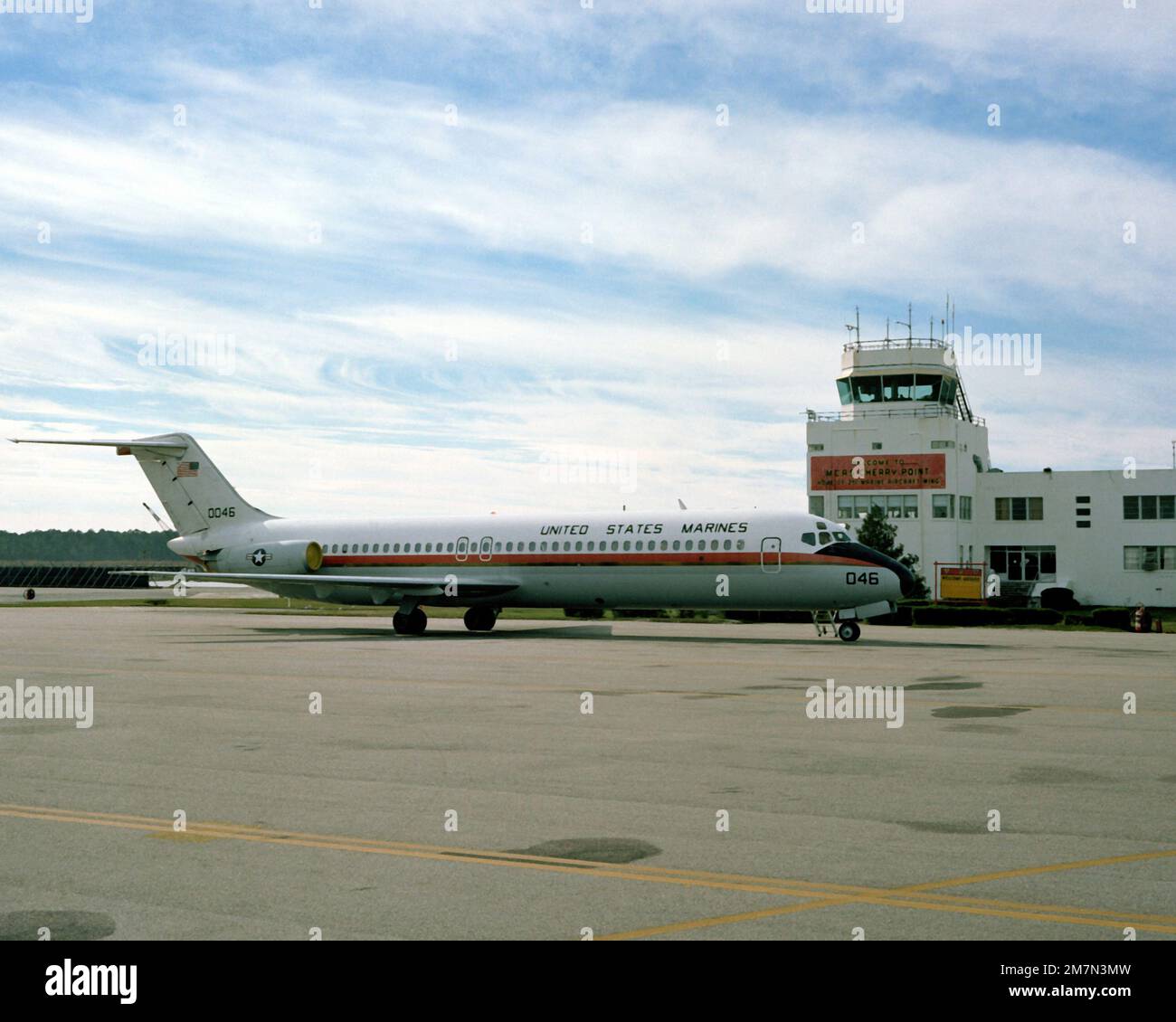 A right side view of a Marine C-9B Skytrain aircraft sitting on the ...