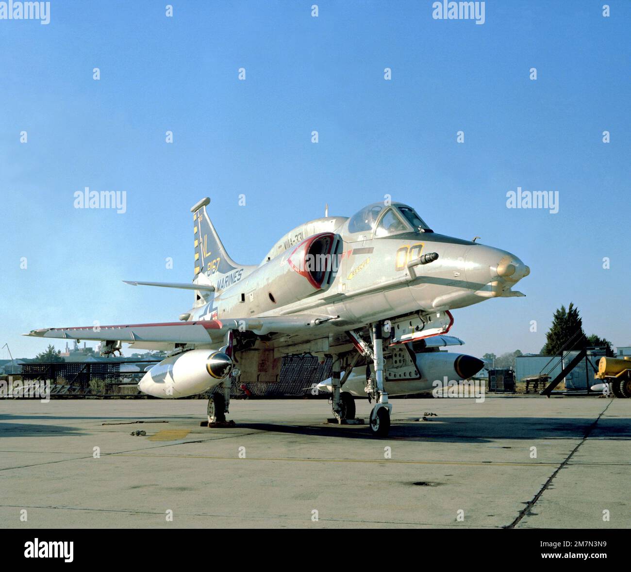 A right front view of a Marine A-4M Skyhawk aircraft sitting on the ...