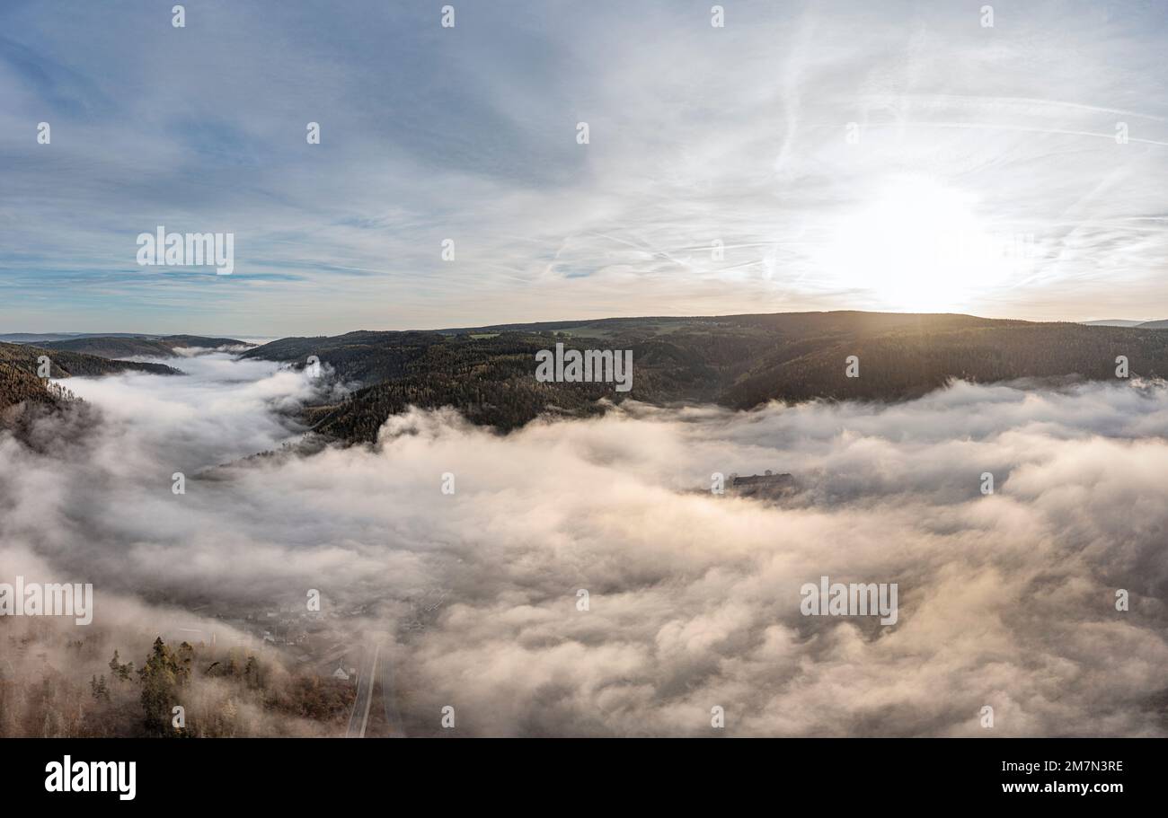 Germany, Thuringia, Schwarzburg, Schwarzaltal, valley fog, castle ruin ...