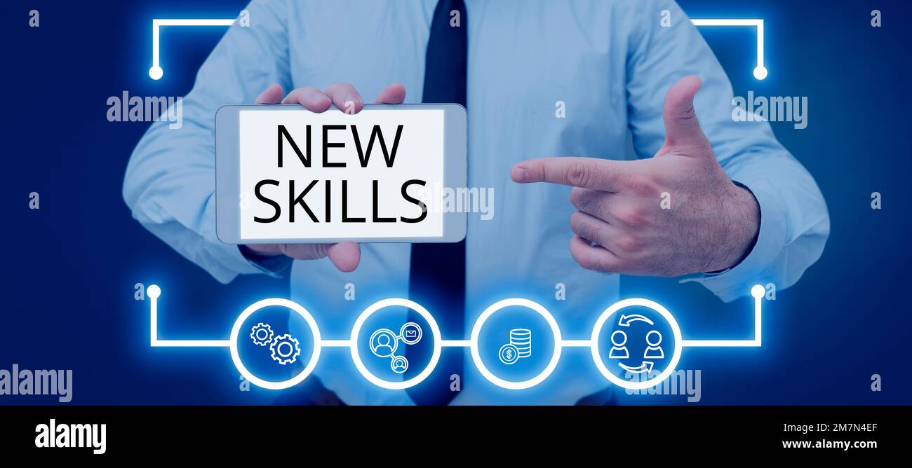 Text sign showing New Skills. Word for Recently Acquired Learned ...