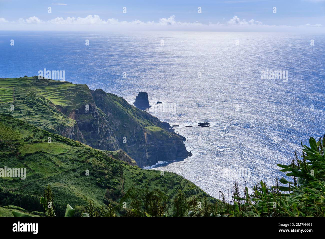 Mosteiro village coastline and the Atlantic Ocean. Flores island ...