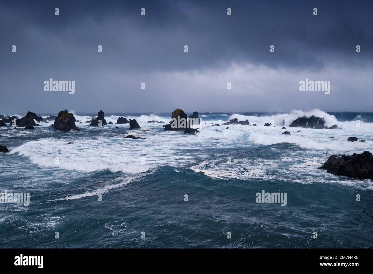 The old harbour of Santa Cruz on a stormy day. Flores island, Azores ...