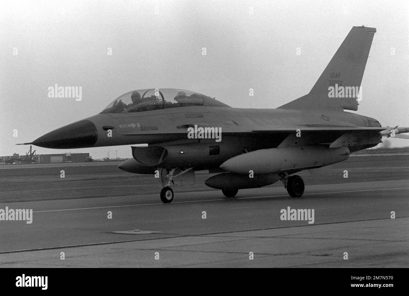 A view of a pre-production U.S. Air Force F-16B Fighting Falcon ...