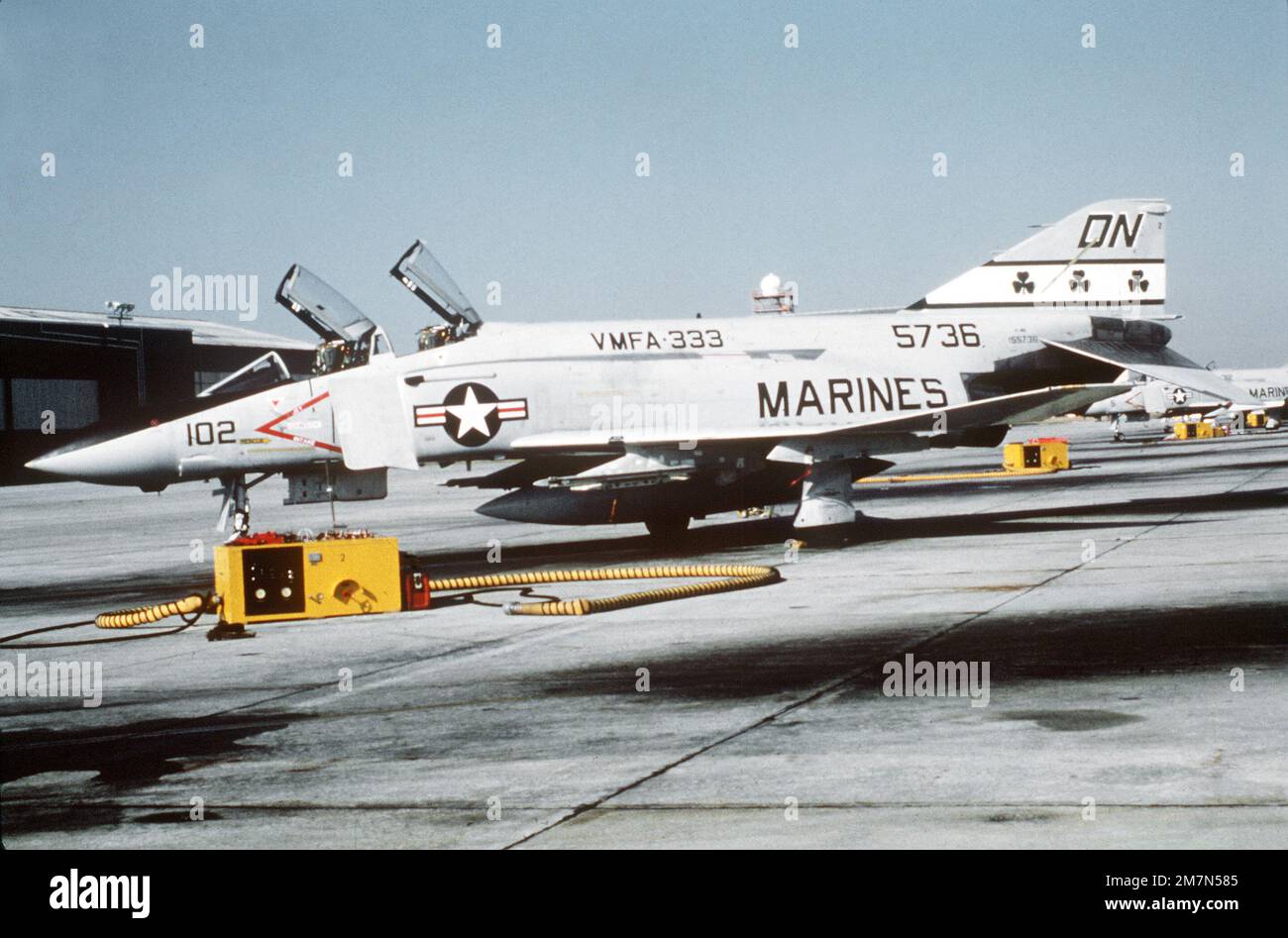 A left front view of a Marine F-4 Phantom II aircraft sitting on the ...