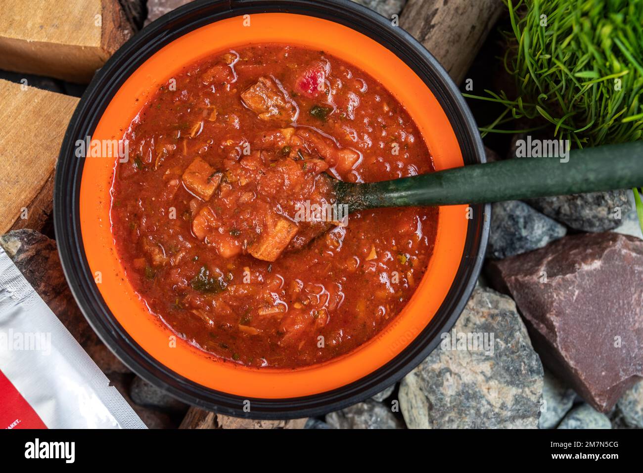 Soup from beetroot on a plate. Borscht with beetroot in a bowl. View of ...