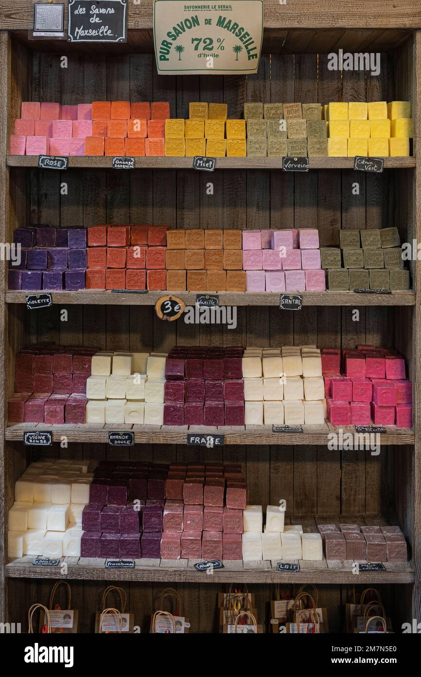 Colorful shelf filled with handmade soap bars, Provence, France Stock ...