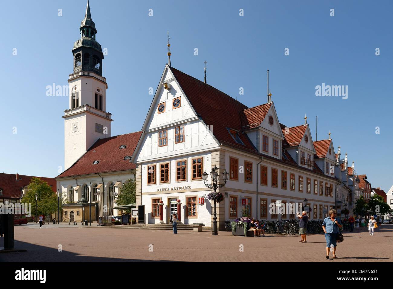 Old town hall and tower of the town church St. Marien in the old town ...