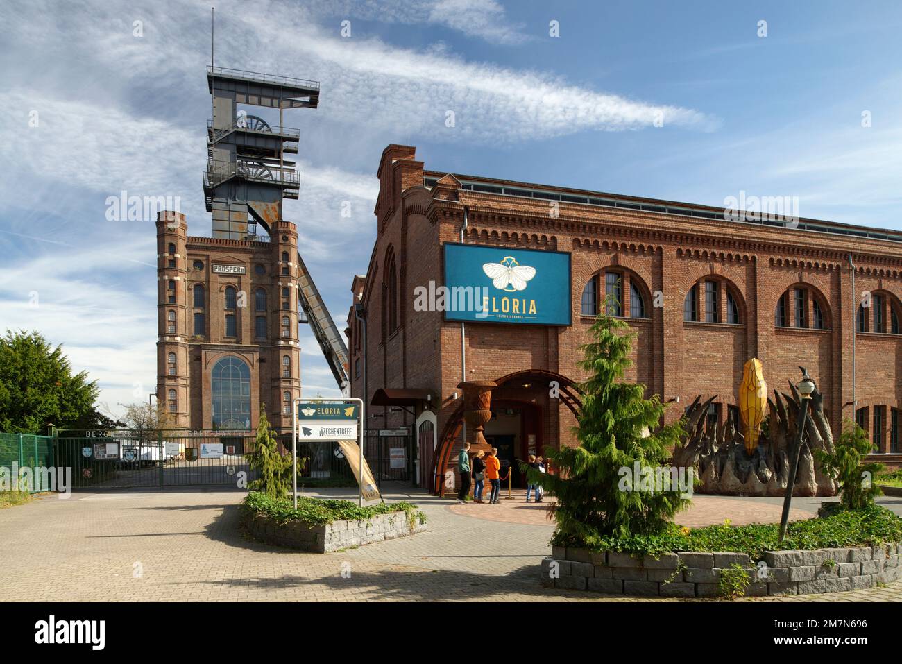 View of the industrial monument Malakowturm with winding tower on ...