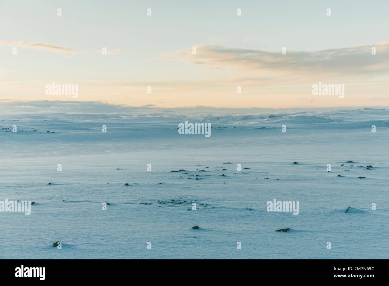 Snowy landscape with snow covered mountains in Norway, snow desert at ...