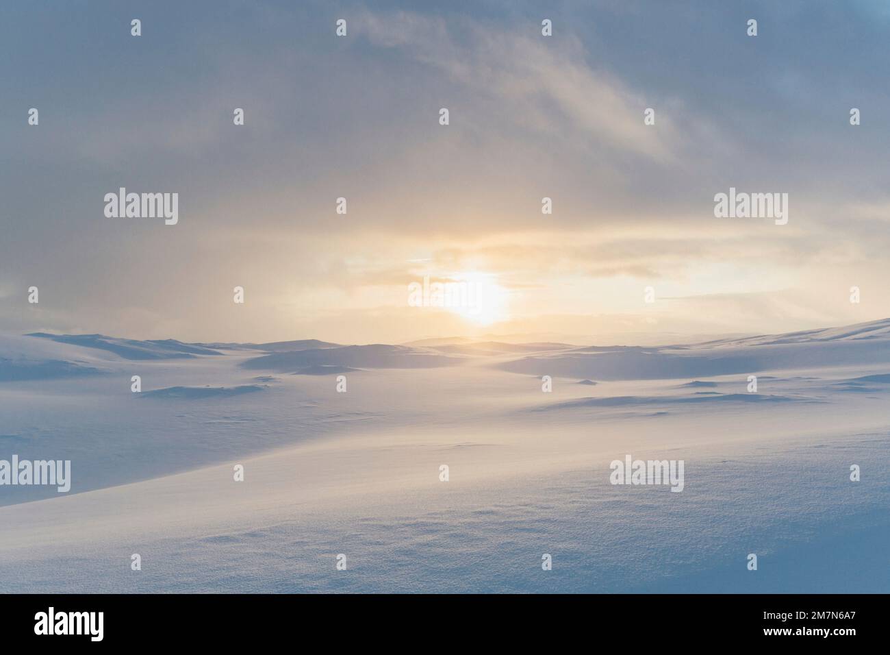 Snowy landscape with snow covered mountains in Norway, snow desert at ...
