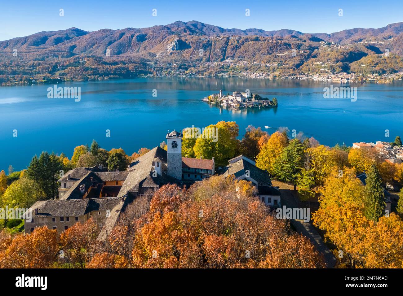 Aerial view of the Sacro Monte of Orta and San Giulio island on Lake ...
