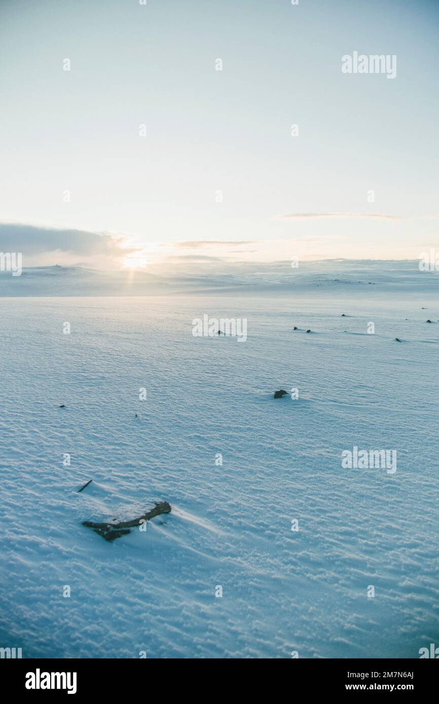 Snowy landscape with snow covered mountains in Norway, snow desert at ...