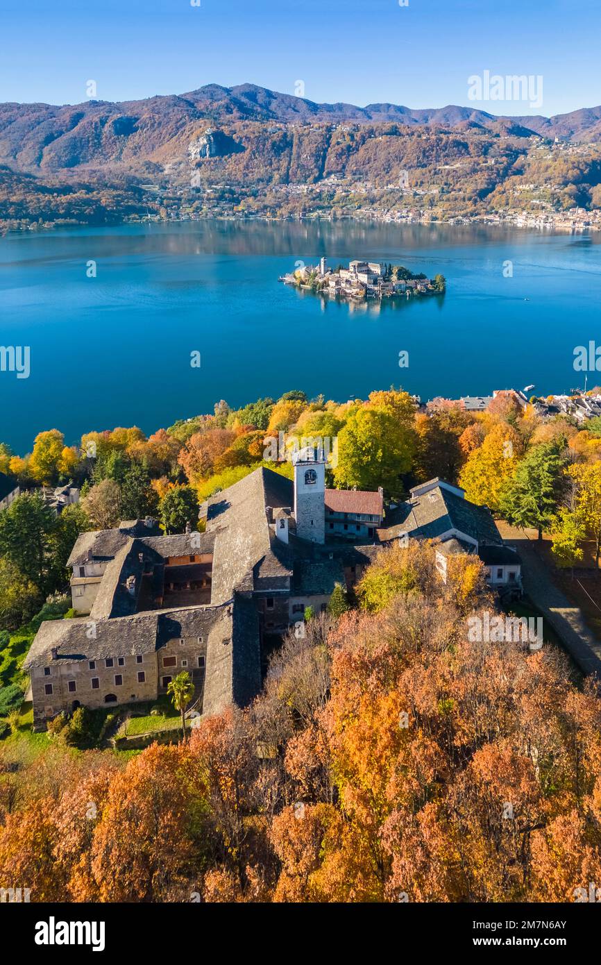 Aerial view of the Sacro Monte of Orta and San Giulio island on Lake ...