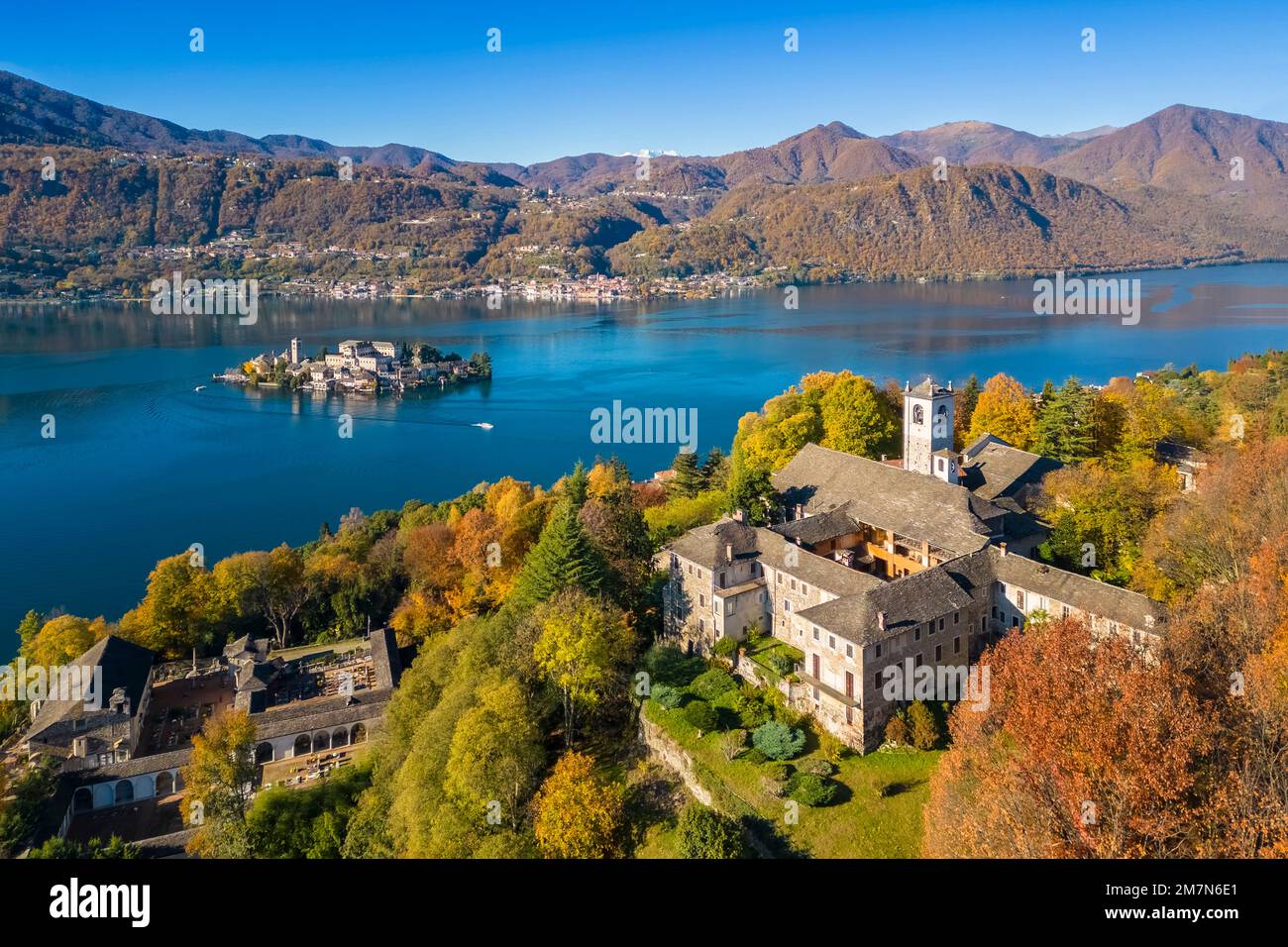 Aerial view of the Sacro Monte of Orta and San Giulio island on Lake ...