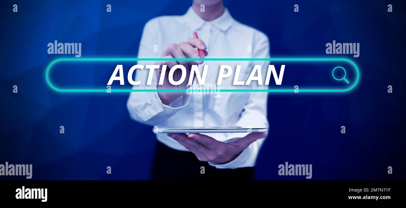 Sign displaying Action Plan. Business overview list of things or schedule to be made thia ...