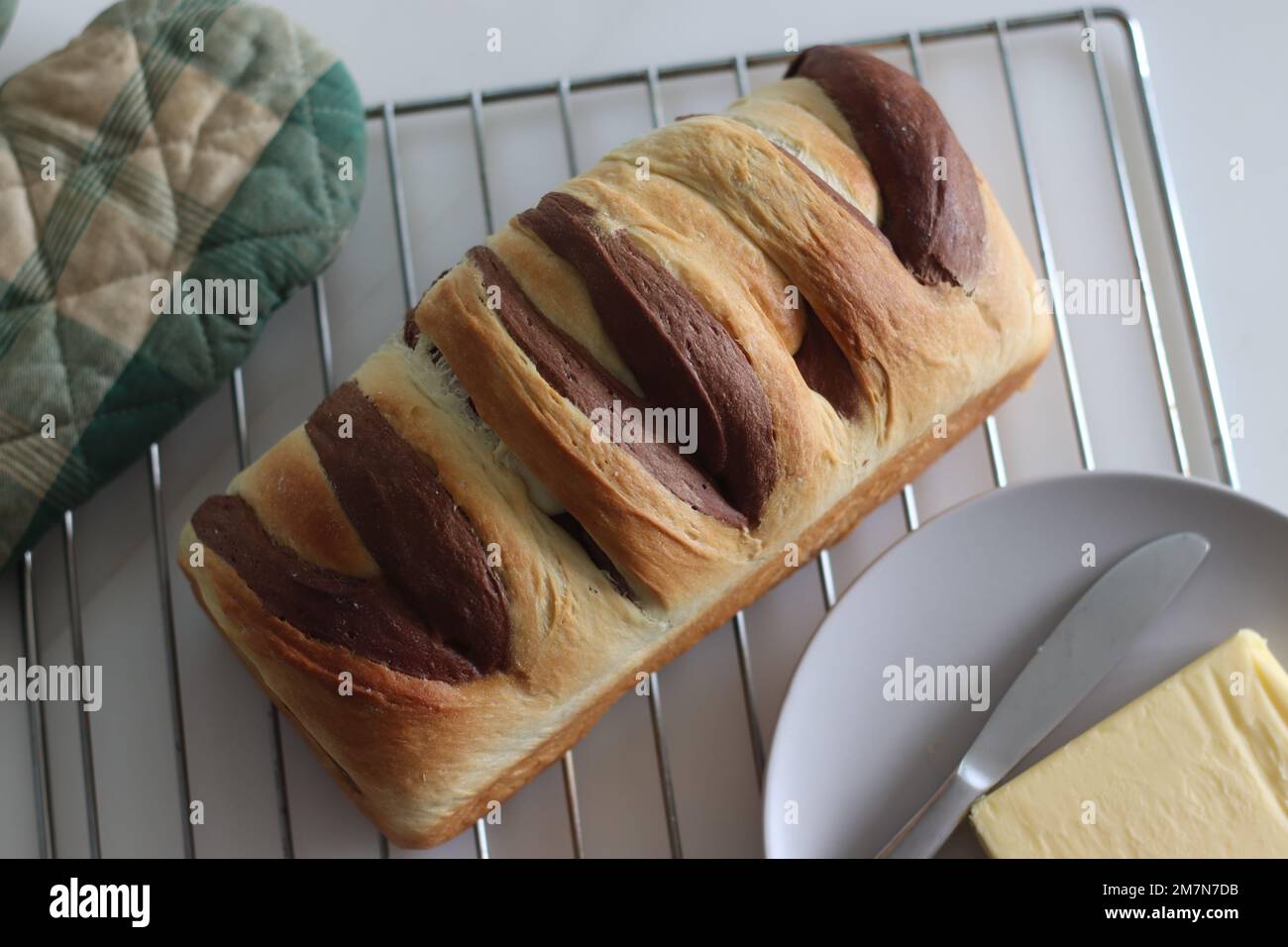 Vanilla Chocolate Swirl Bread loaf. It is a delicious, bakery style ...