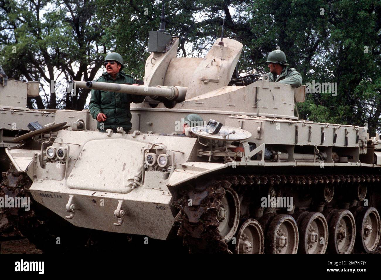 A left front view of an M-42A1 40mm self-propelled anti-aircraft gun ...