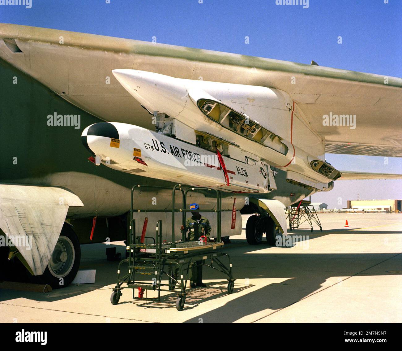 A left front view of an AGM-86 air launched cruise missile (ALCM ...