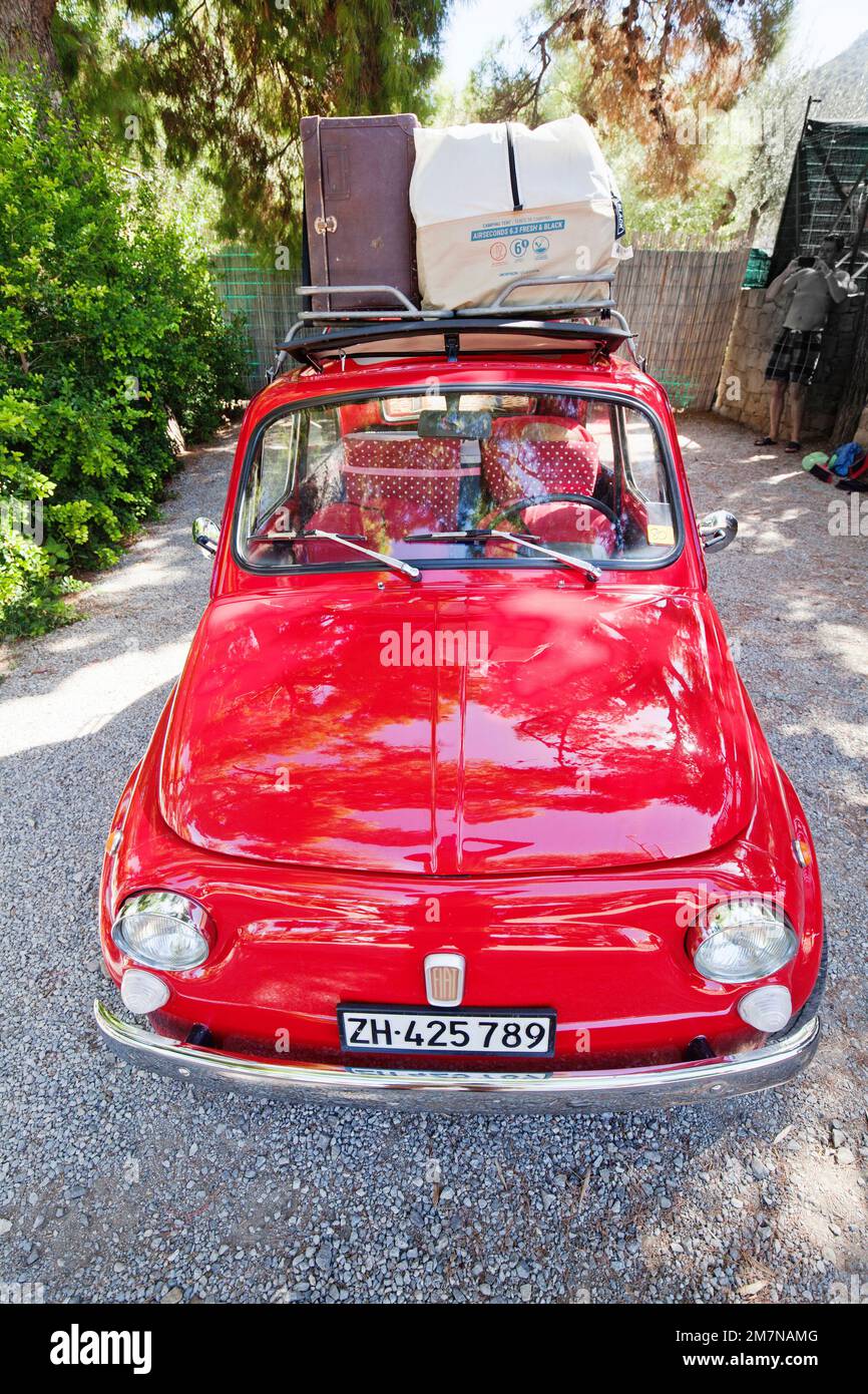 bright red Fiat 500 traveling, Sicily Stock Photo - Alamy