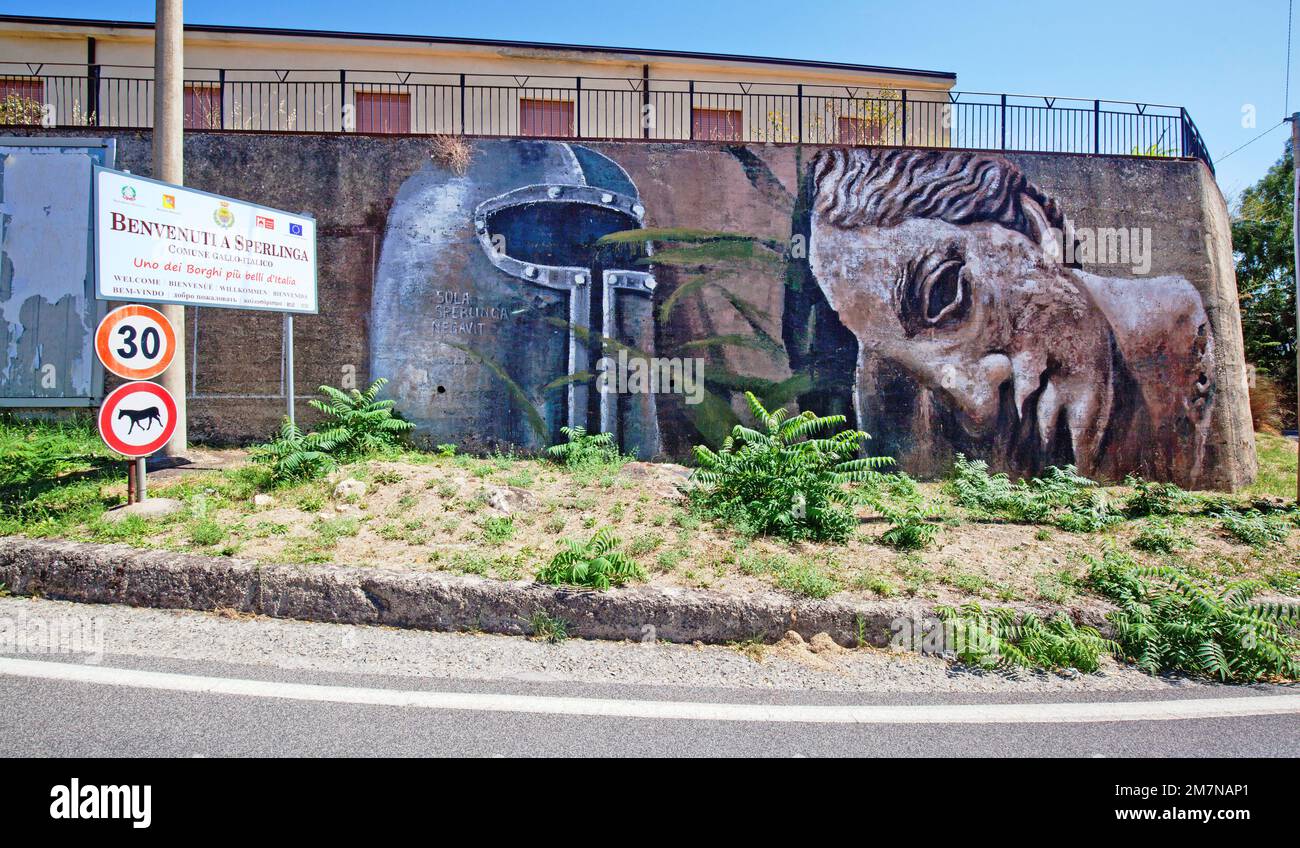 Representation of a historical origin on a wall at the entrance of the ...