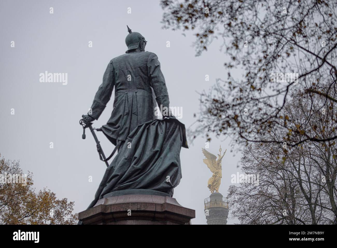 Victory column and statue of bismarck against foggy sky berlin hi-res ...