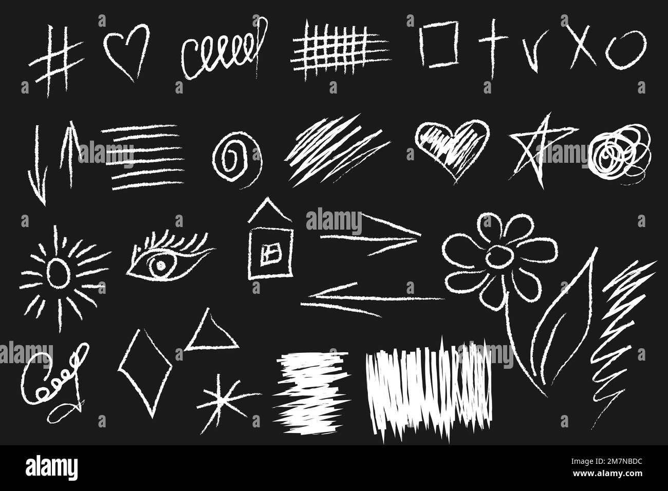 Set of doodle crosses, different checks, hearts, circles and swirls ...