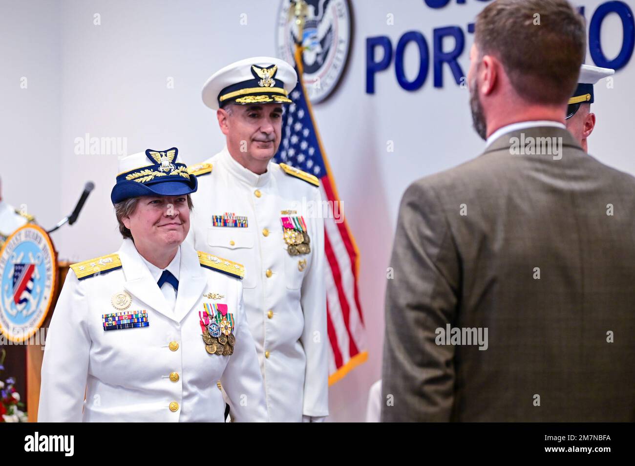 Rear Adm. Laura Dickey, outgoing 5th District commander, begins the ...