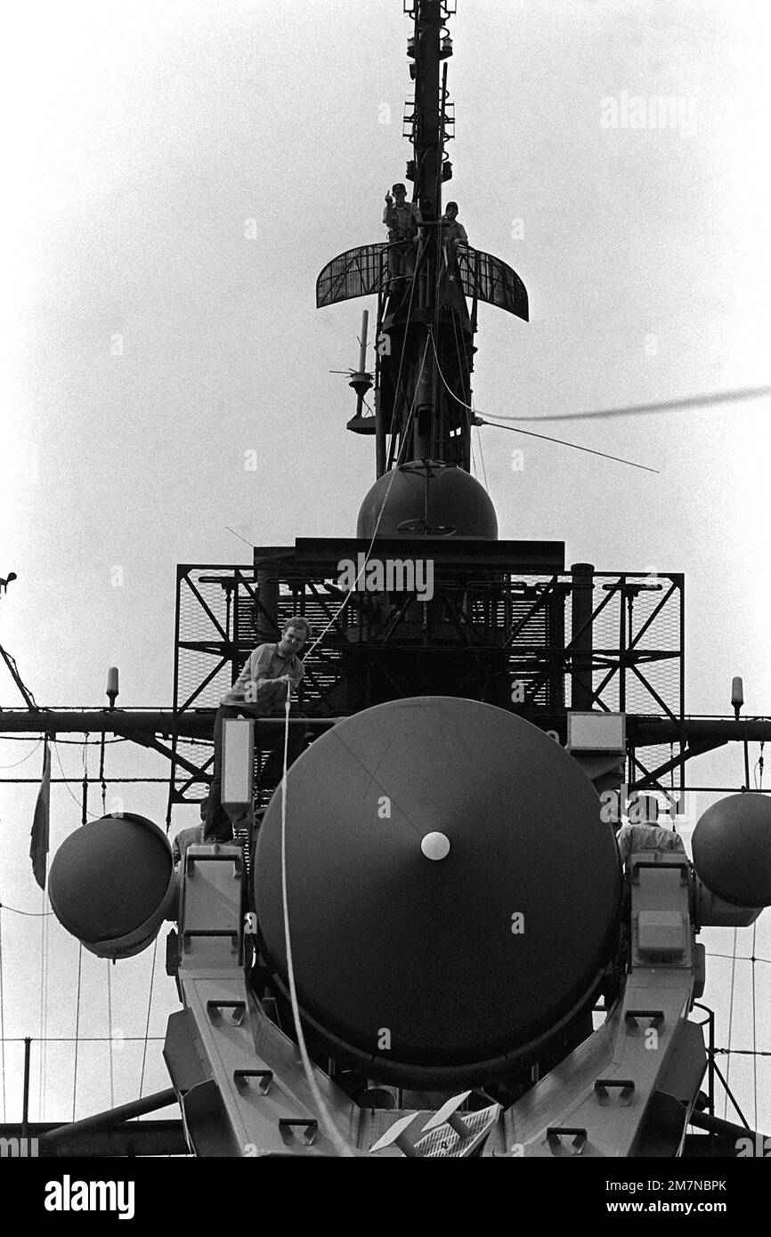 A front view of the superstructure of the guided missile destroyer USS ...