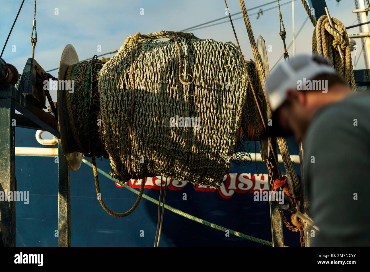 A fishing net is stored aboard the Sabrina Marina as Anthony Lucia ...
