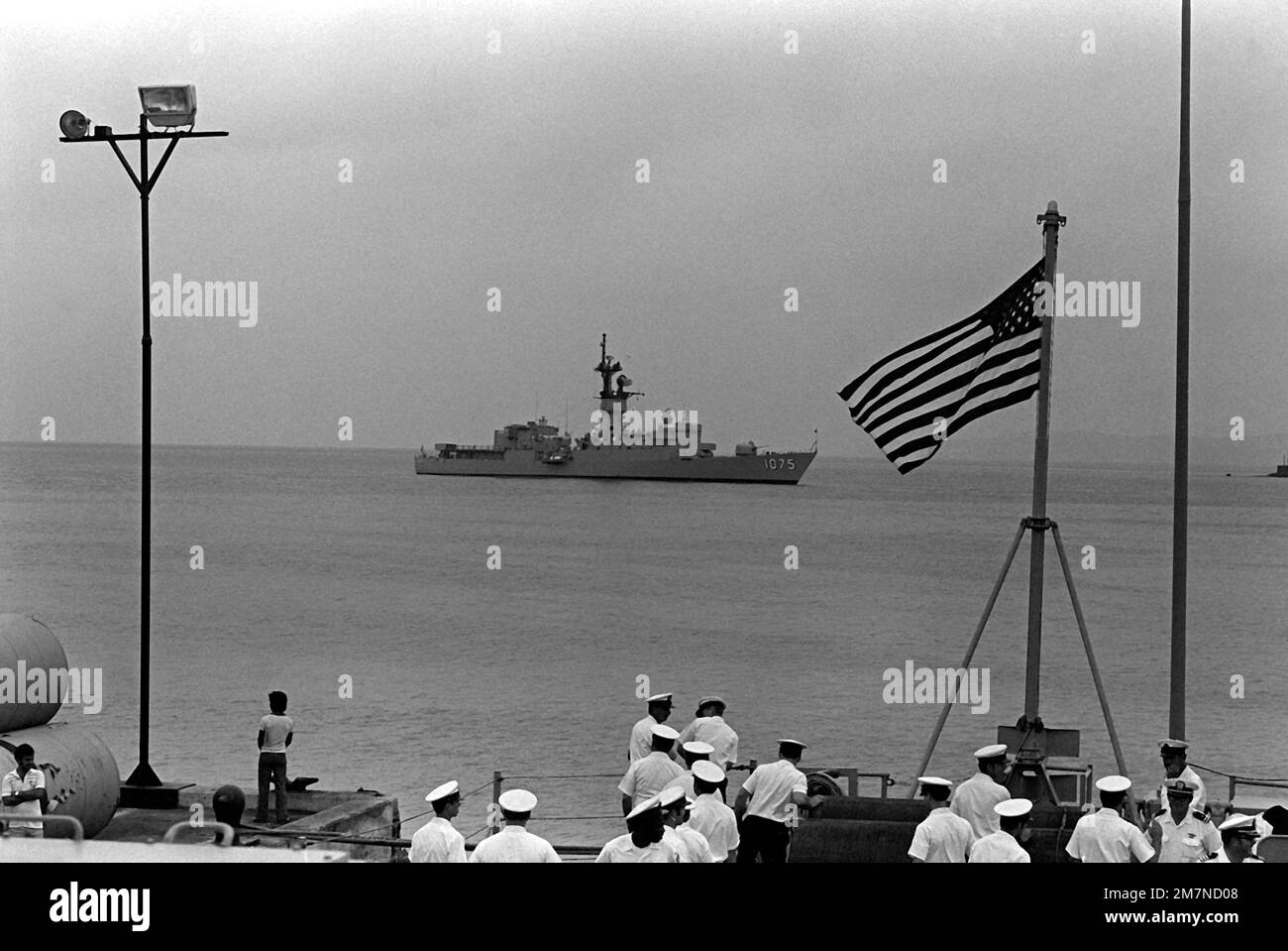 Starboard beam view of the frigate USS TRIPPE (FF-1075) as seen from ...
