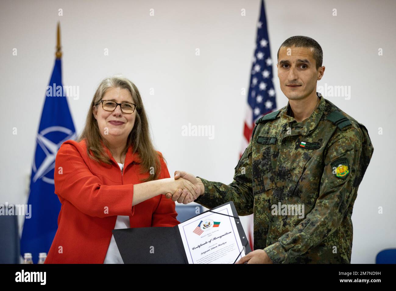 Deputy Chief of Mission Andrea Brouillette-Rodriguez, U.S. Embassy in Sofia, presents a ...