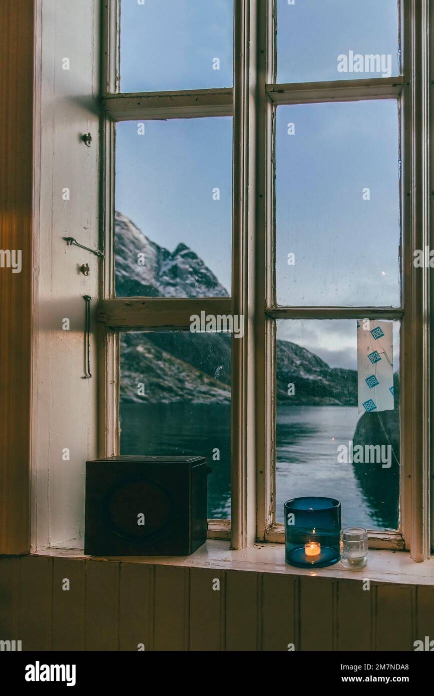 Nusfjord, window, view outside, fishing village, Lofoten, Nordland ...