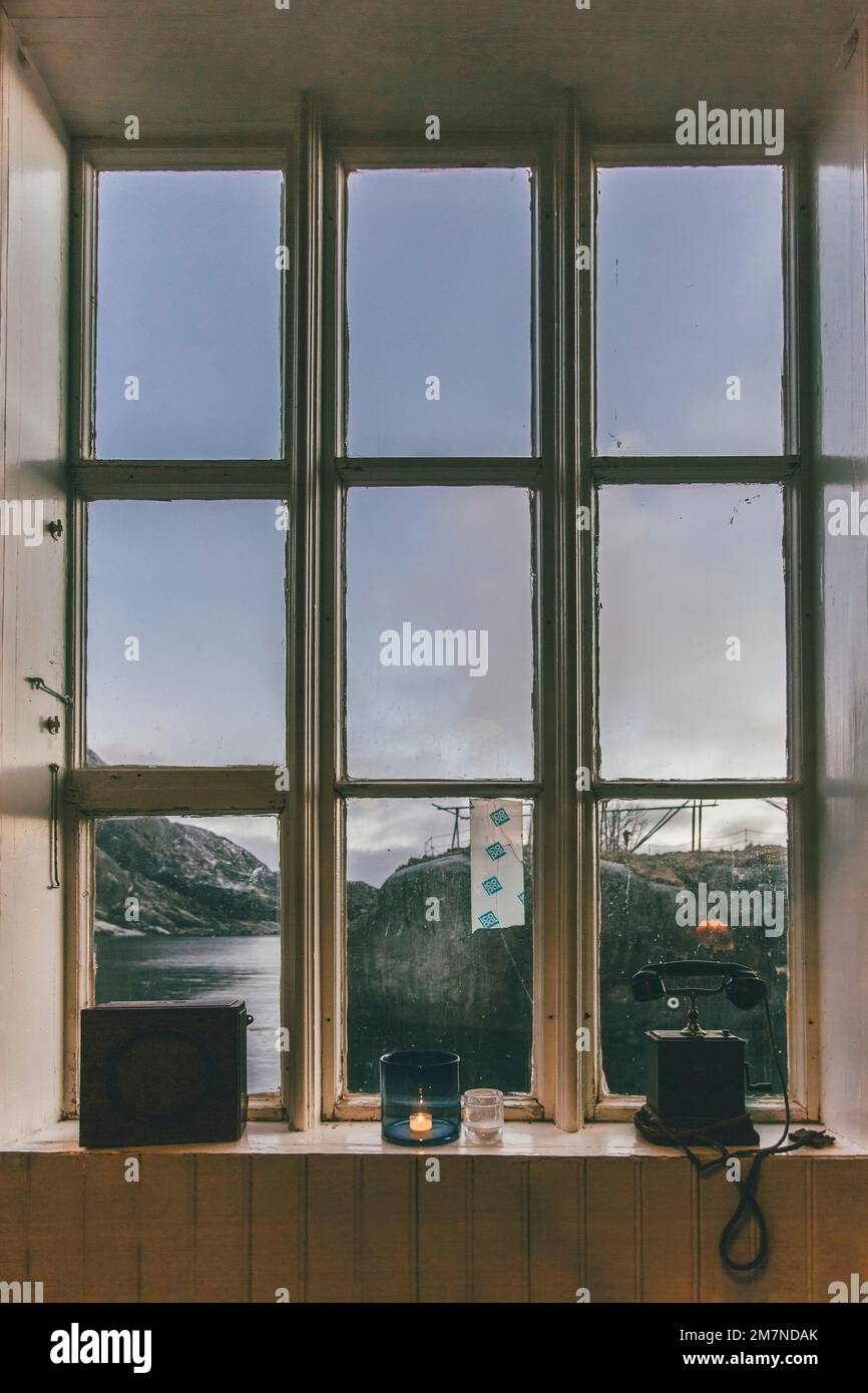 Nusfjord, window, view outside, fishing village, Lofoten, Nordland ...