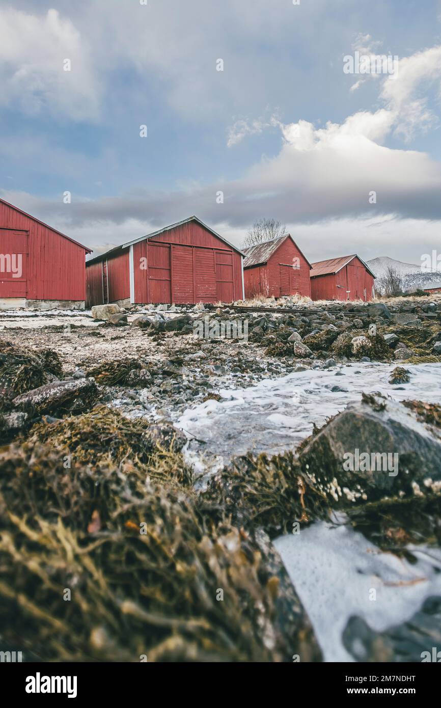 Red boat cabins in Norway in a row on fjord, Norway, typical fjord ...