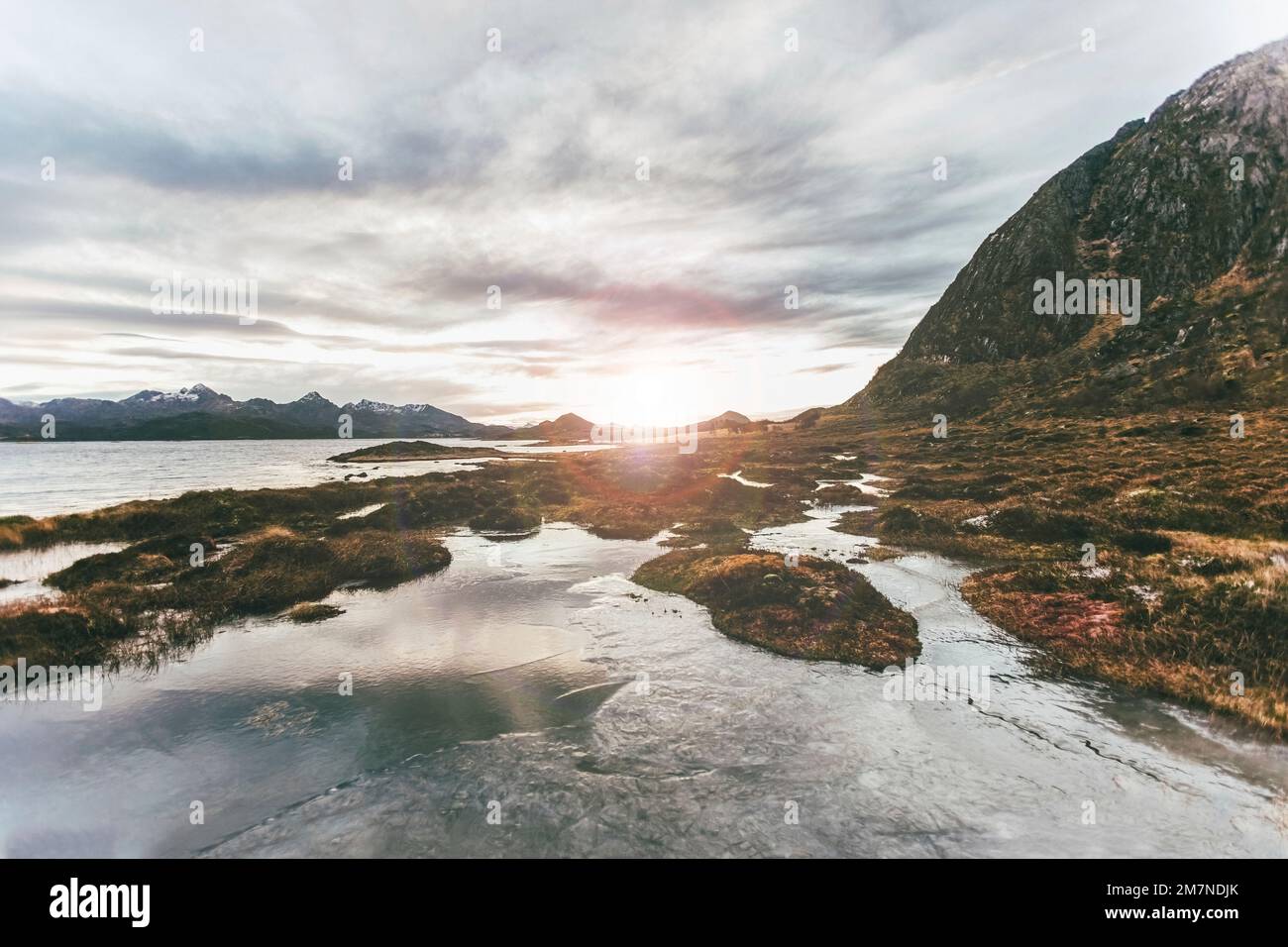 Typical fjord landscape in autumn at sunset in Vesteralen, Norway ...