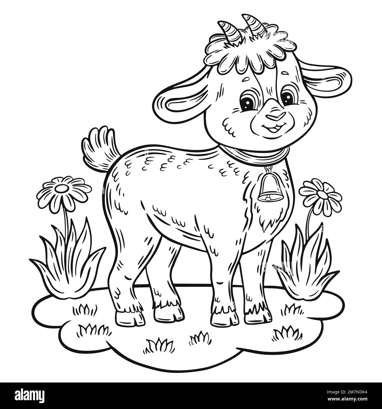 Cute little goat or sheep lamb farm рorned domestic animal kid coloring book page. Children ...