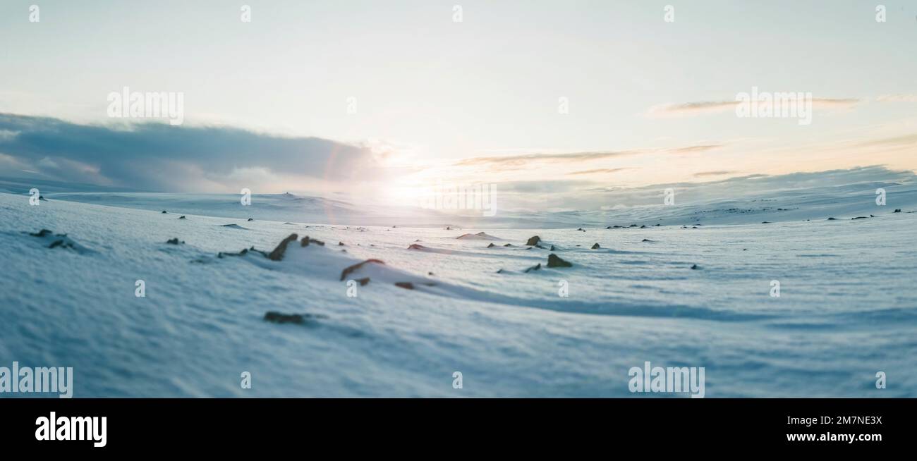 Panorama, snow landscape with snow covered mountains in Norway ...