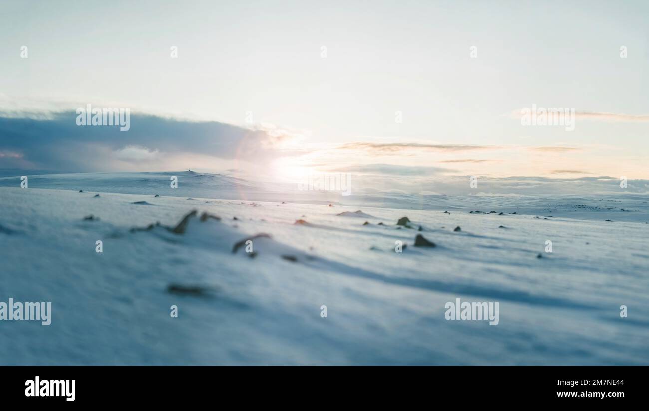 Panorama, snow landscape with snow covered mountains in Norway ...