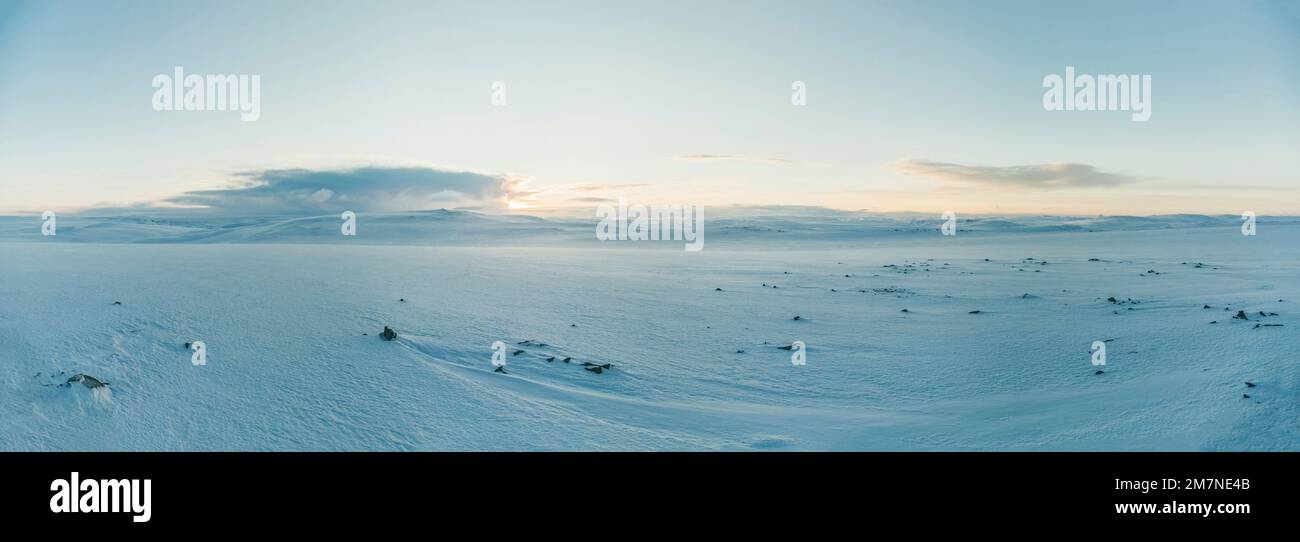 Panorama, snow landscape with snow covered mountains in Norway ...