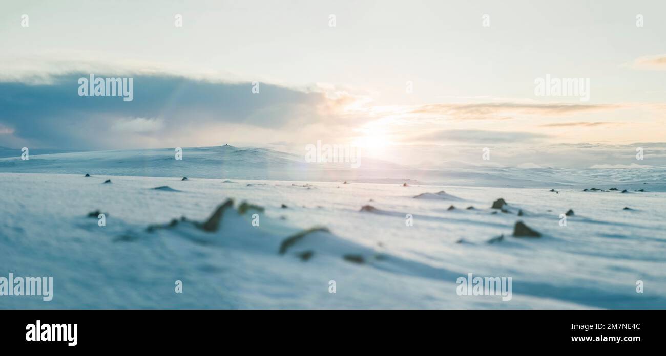 Panorama, snow landscape with snow covered mountains in Norway ...
